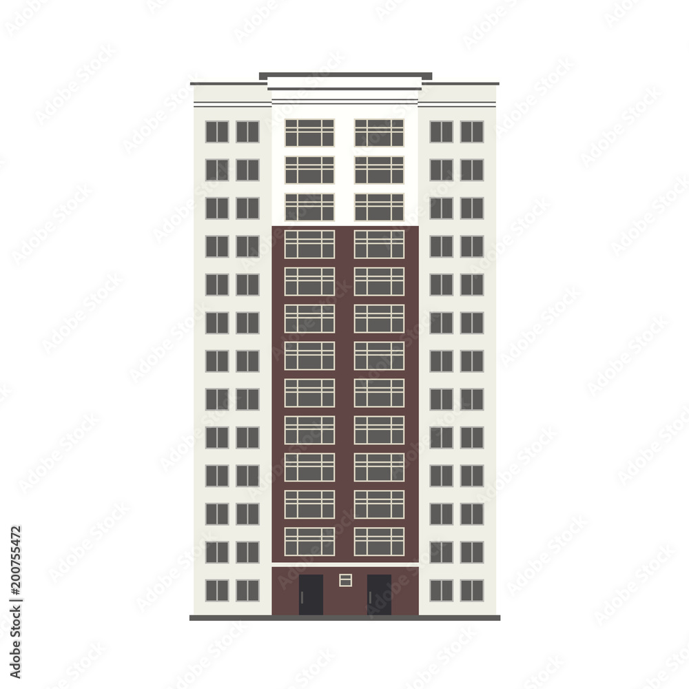 City multistorey building exterior front view with windows, balconies ...