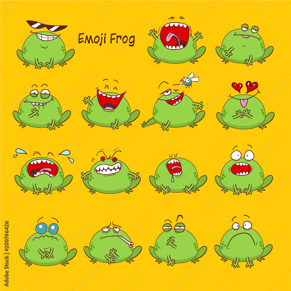 Frog emoji, toad smile icons set, vector, cartoon, design, color Stock ...