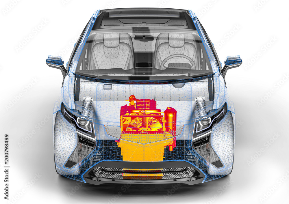 engine scan in an wire frame car/3D render representing a scan of a car ...