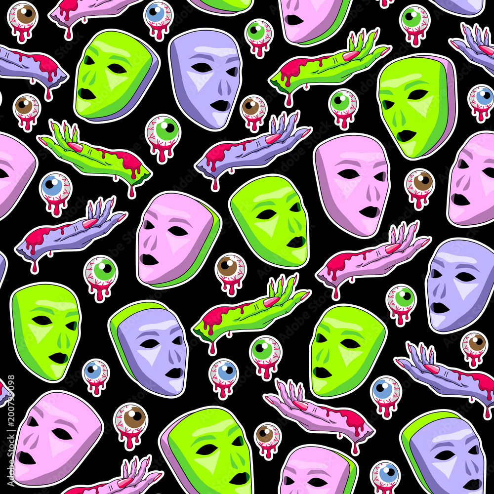 Alien masks and hands with bloody eyeballs seamless pattern. Black ...
