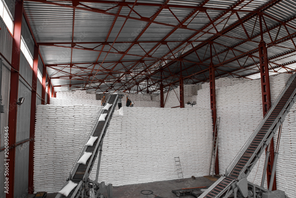 Sacks of sugar in the production Sugar Beet Processing Plant the ...