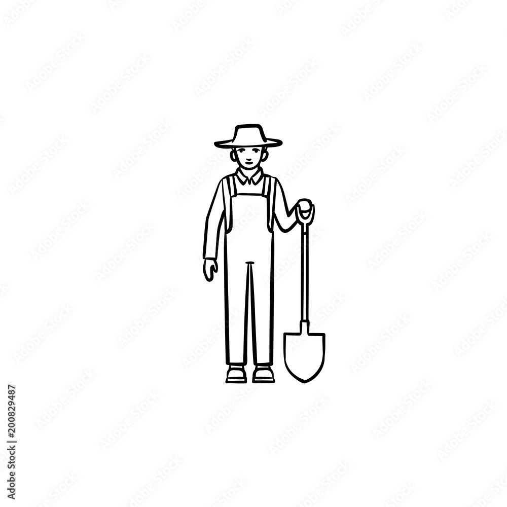 Farmer with shovel hand drawn outline doodle icon. Rural man with spade ...