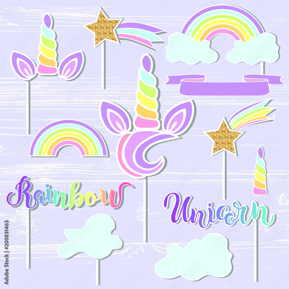 Vector set with Unicorn, Rainbow, Horn, star. Unicorn, Rainbow ...