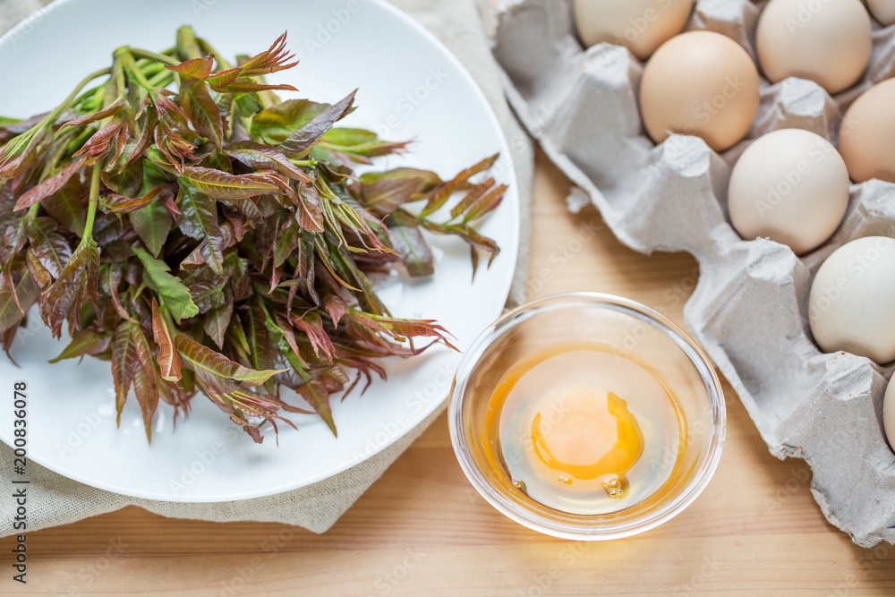 Chinese food, Scrambled Eggs with Toona sinensis, Preparing food. Fresh ...