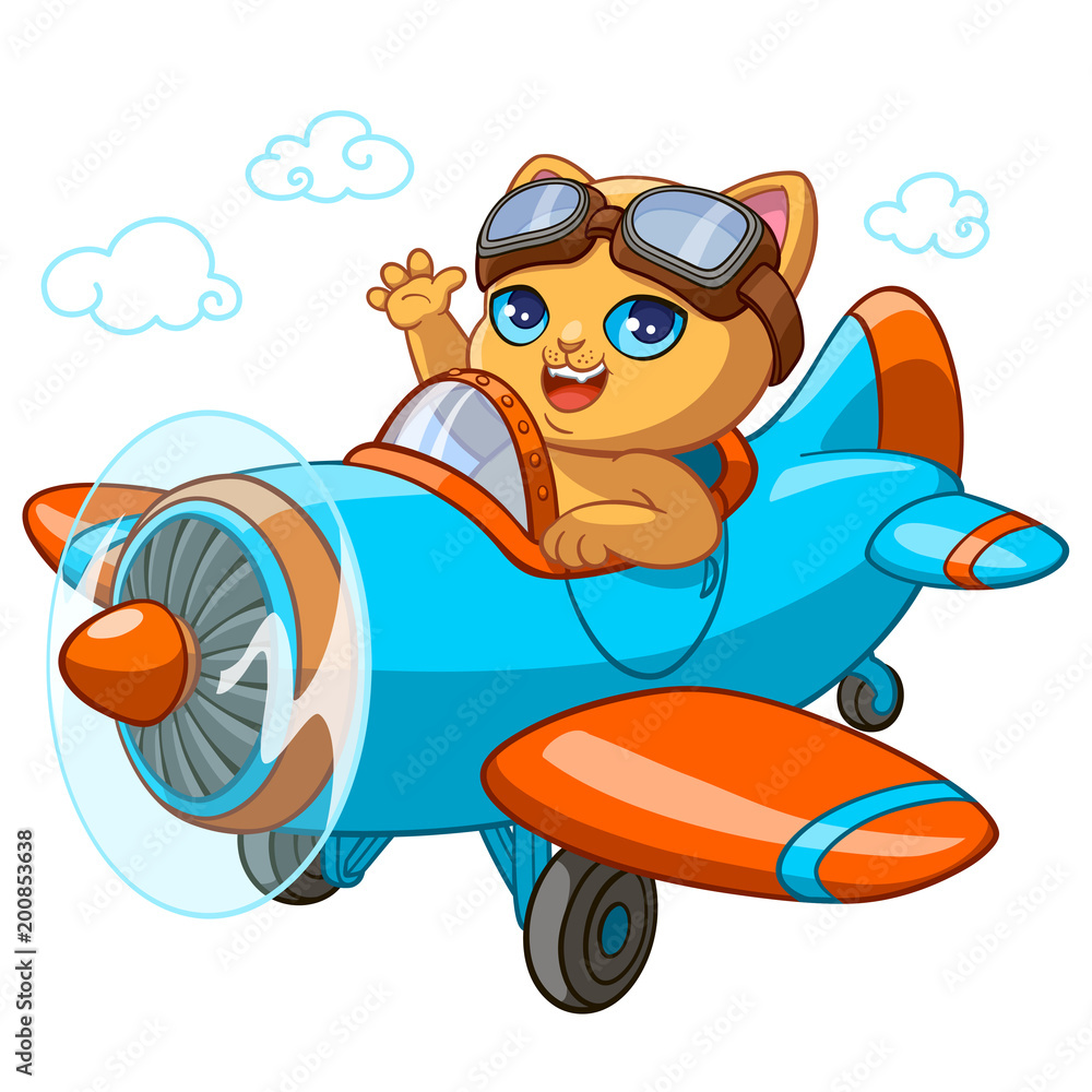 Kitty pilot in ariplane cartoon vector illustration for kid Happy ...