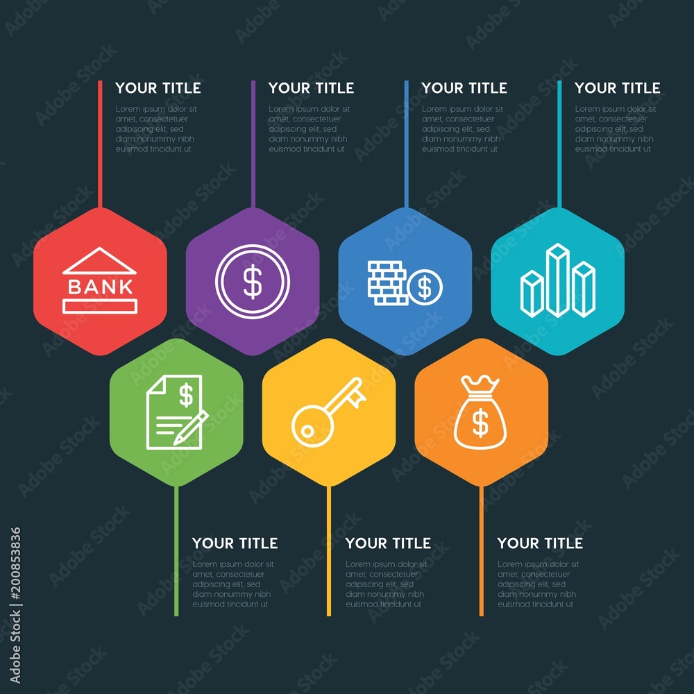 Flat geometric business, money, charts infographic steps template with ...