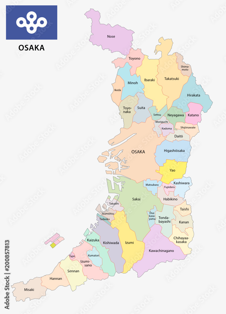 osaka prefecture administrative and political map with flag vector de ...