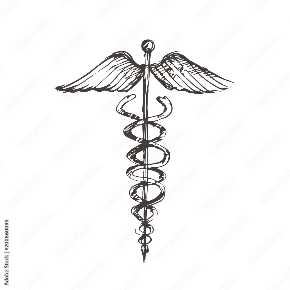 Hand drawn winged Caduceus symbol. Pharmacology and healthcare idea ...