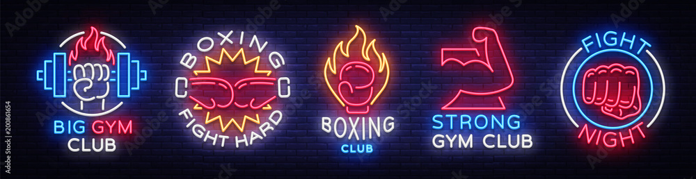 Collection neon signs for sports. Set neon logos emblems for Sports ...