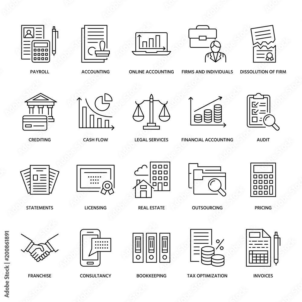 Financial accounting flat line icons. Bookkeeping, tax optimization ...
