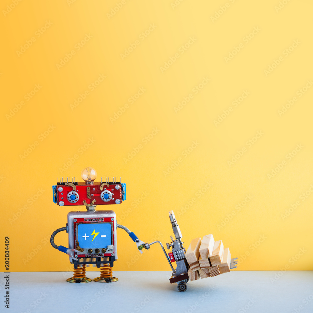 Robot moving powered pallet jack with wooden blocks. Forklift cart ...