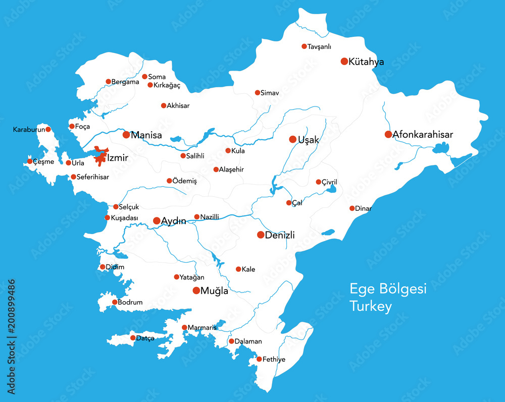 Large map of the turkish area of Ege Bölgesi. Stock Vector | Adobe Stock