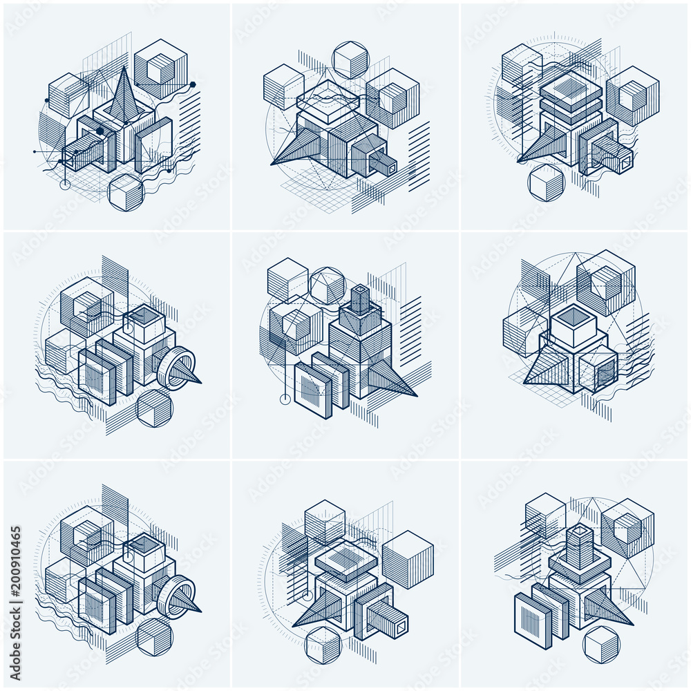 Abstract designs with 3d linear mesh shapes and figures, vector ...