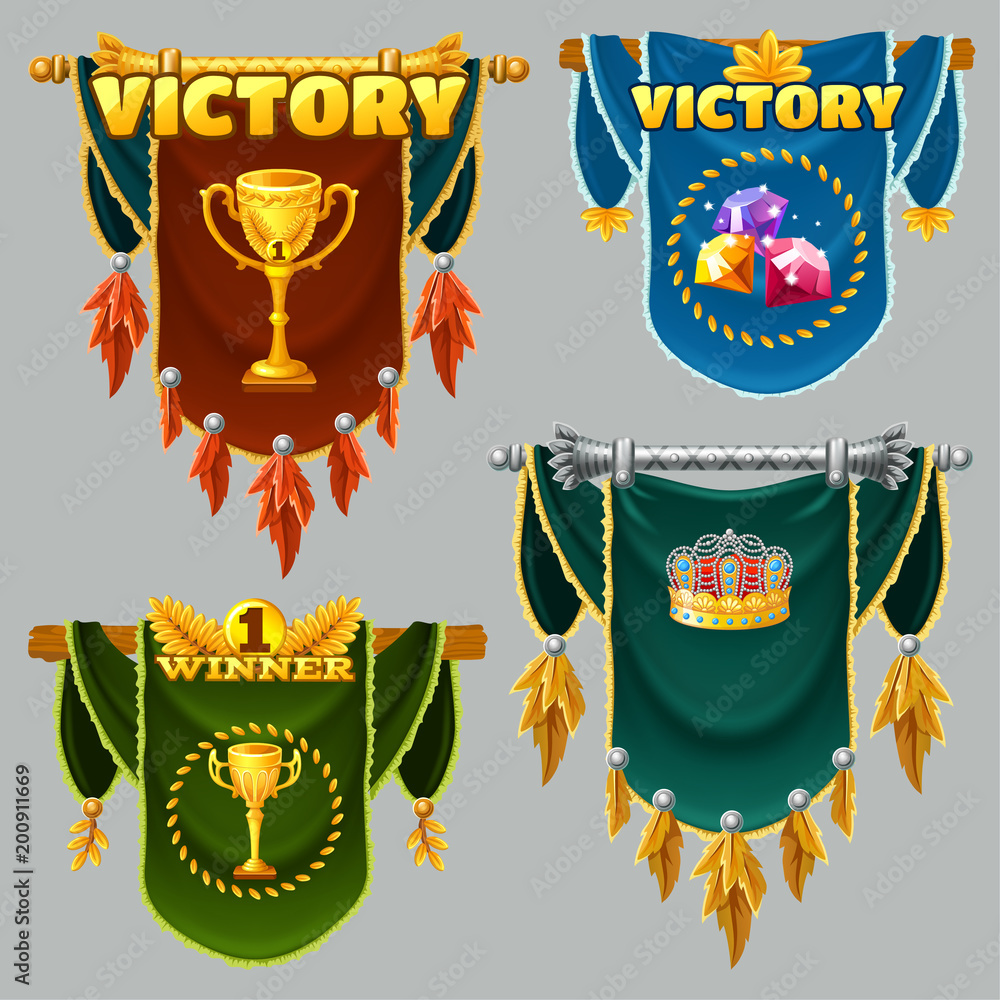 Set of icons of multicolored medieval flags for computer game. Has ...