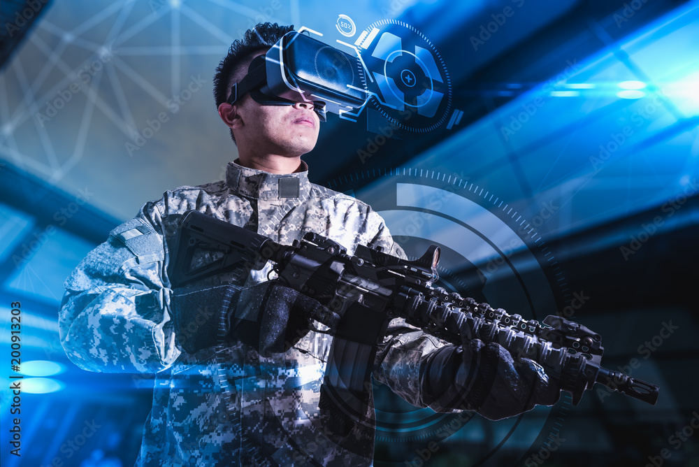 The abstract image of the soldier use a VR glasses for combat ...