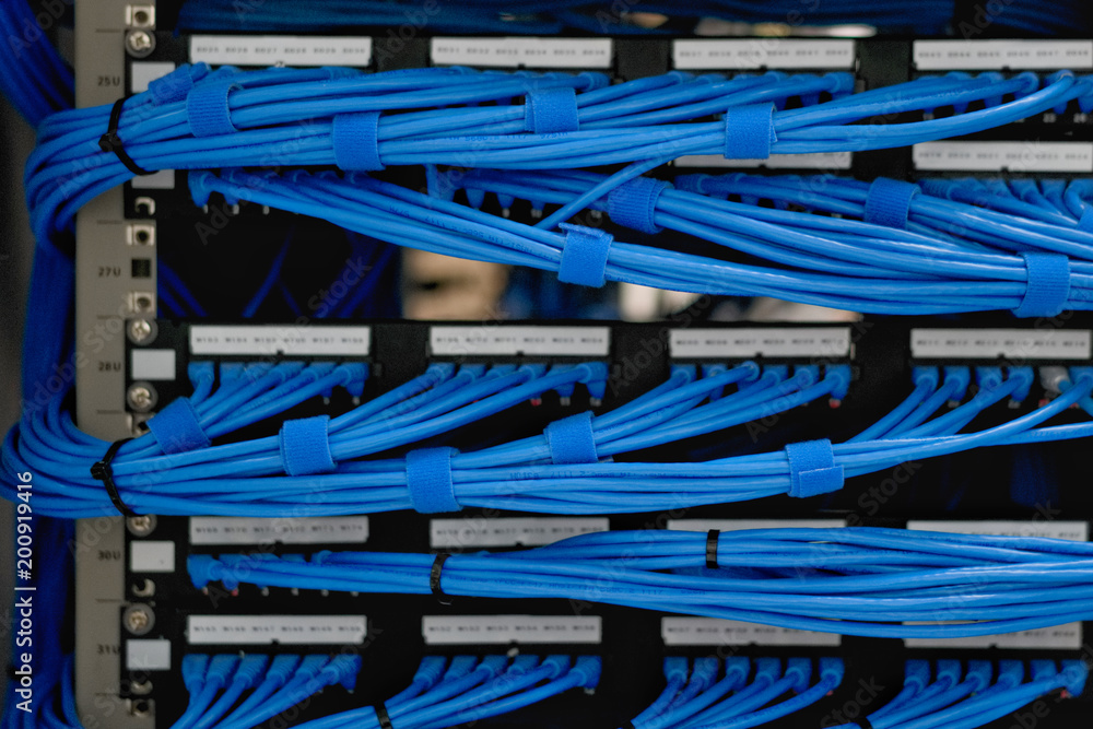LAN cable wiring and networking in the network or server rack in the ...