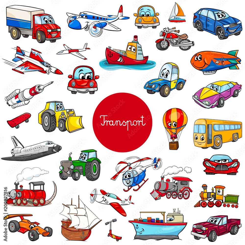 cartoon transportation vehicle characters big set Stock Vector | Adobe ...