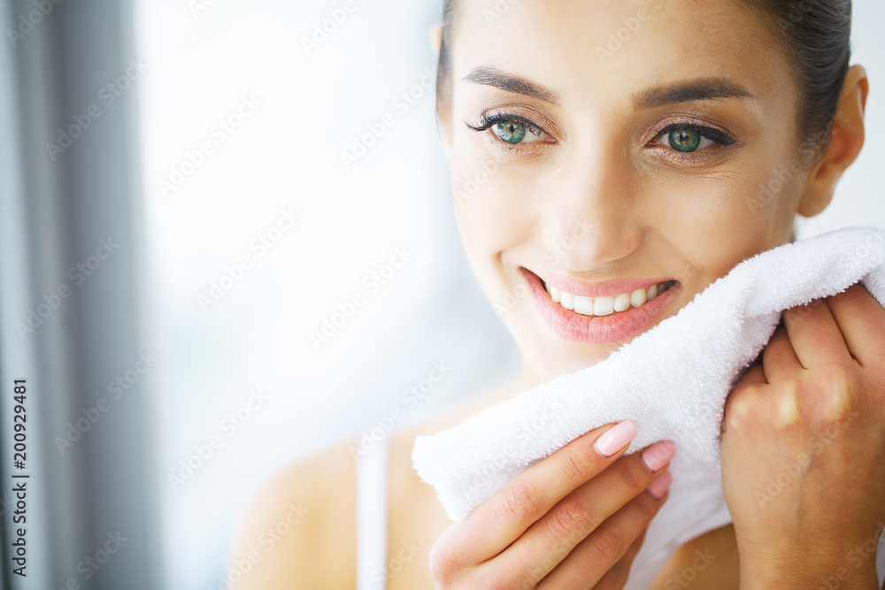 Cleaning Face Skin. Beautiful Happy Girl Washing Face Stock Photo ...