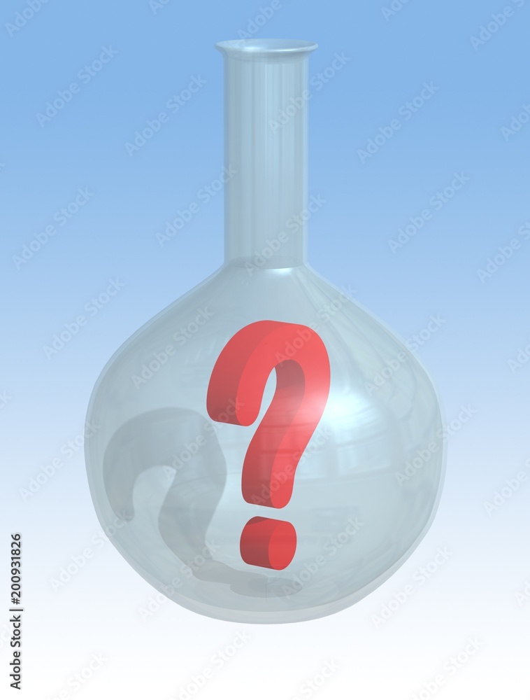 3D question mark in a chemical flask. 3D illustration on a blue ...