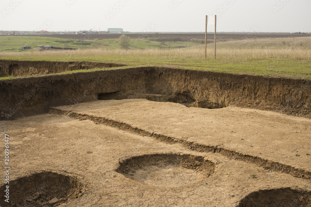 Excavation of Scythian graves. Settlement of primitive people. Stock ...