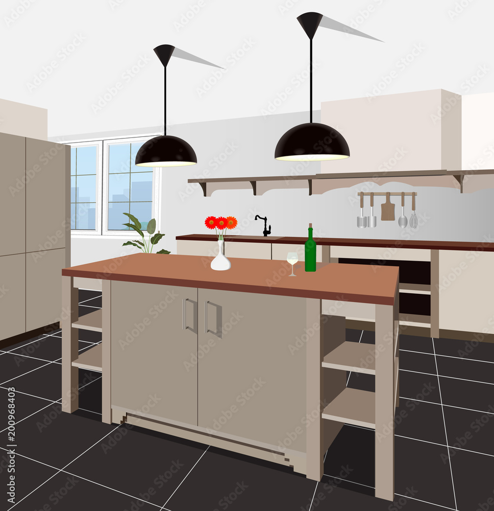 Kitchen interior background with furniture. Design of modern kitchen ...