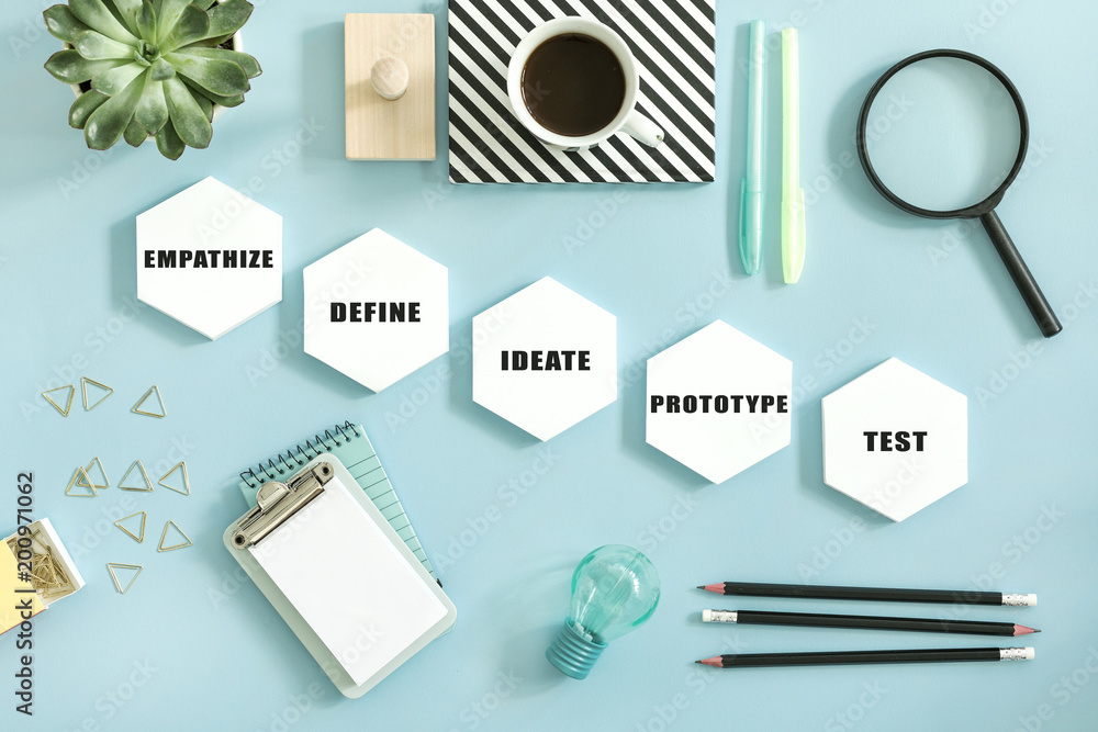 Top view of creative desk with design thinking project. Modern ...