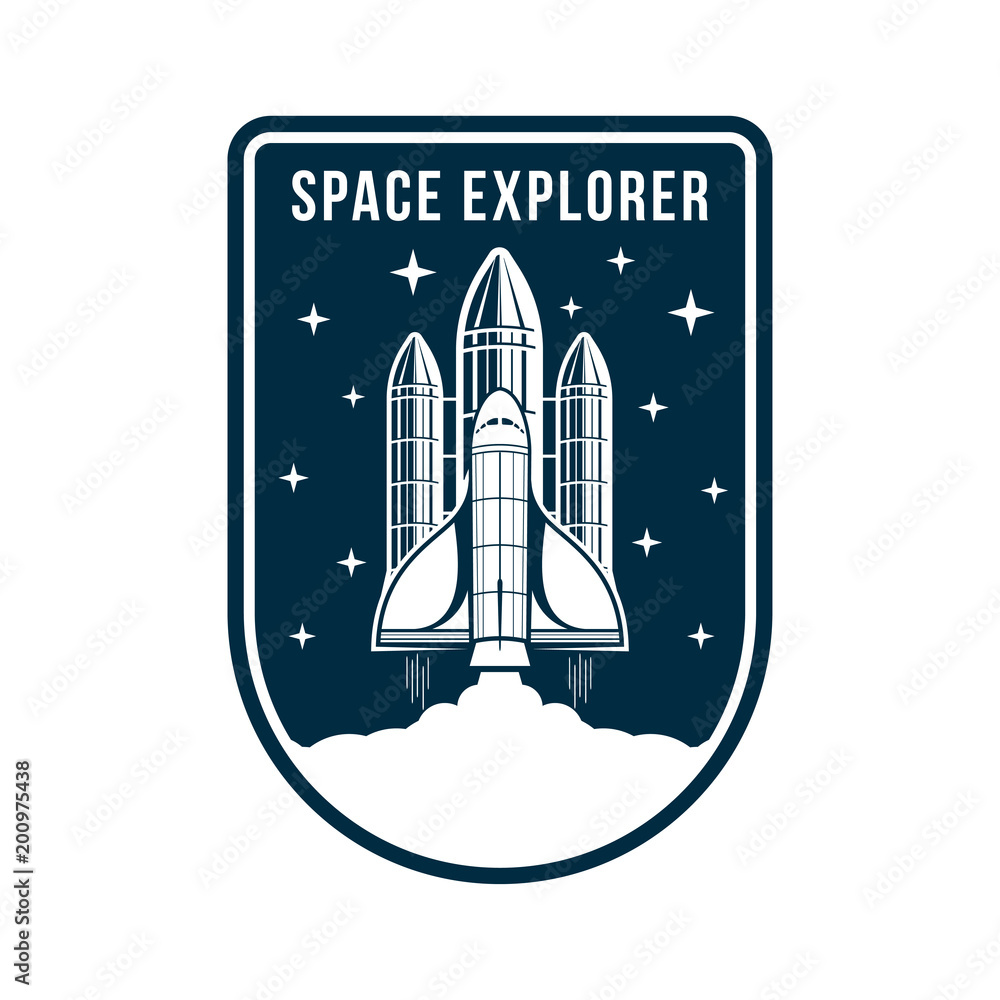 Space badge with rocket and spaceship launch. Vintage astronaut label ...