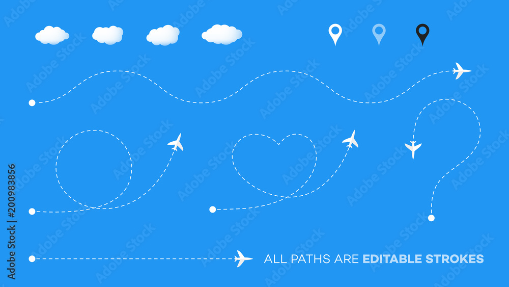 Dotted Paths With Planes, Pointers And Clouds. Vector Shapes With ...
