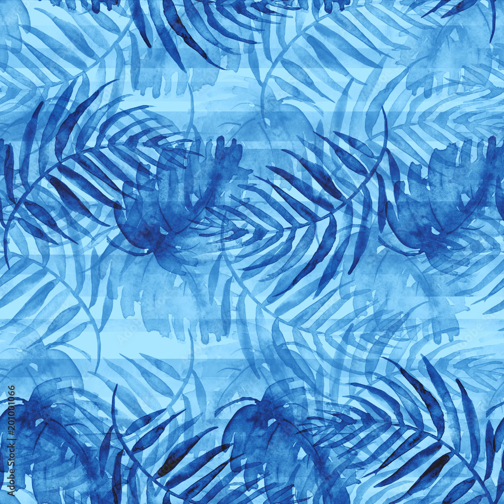 Seamless watercolor background from blue tropical leaves, palm leaf ...