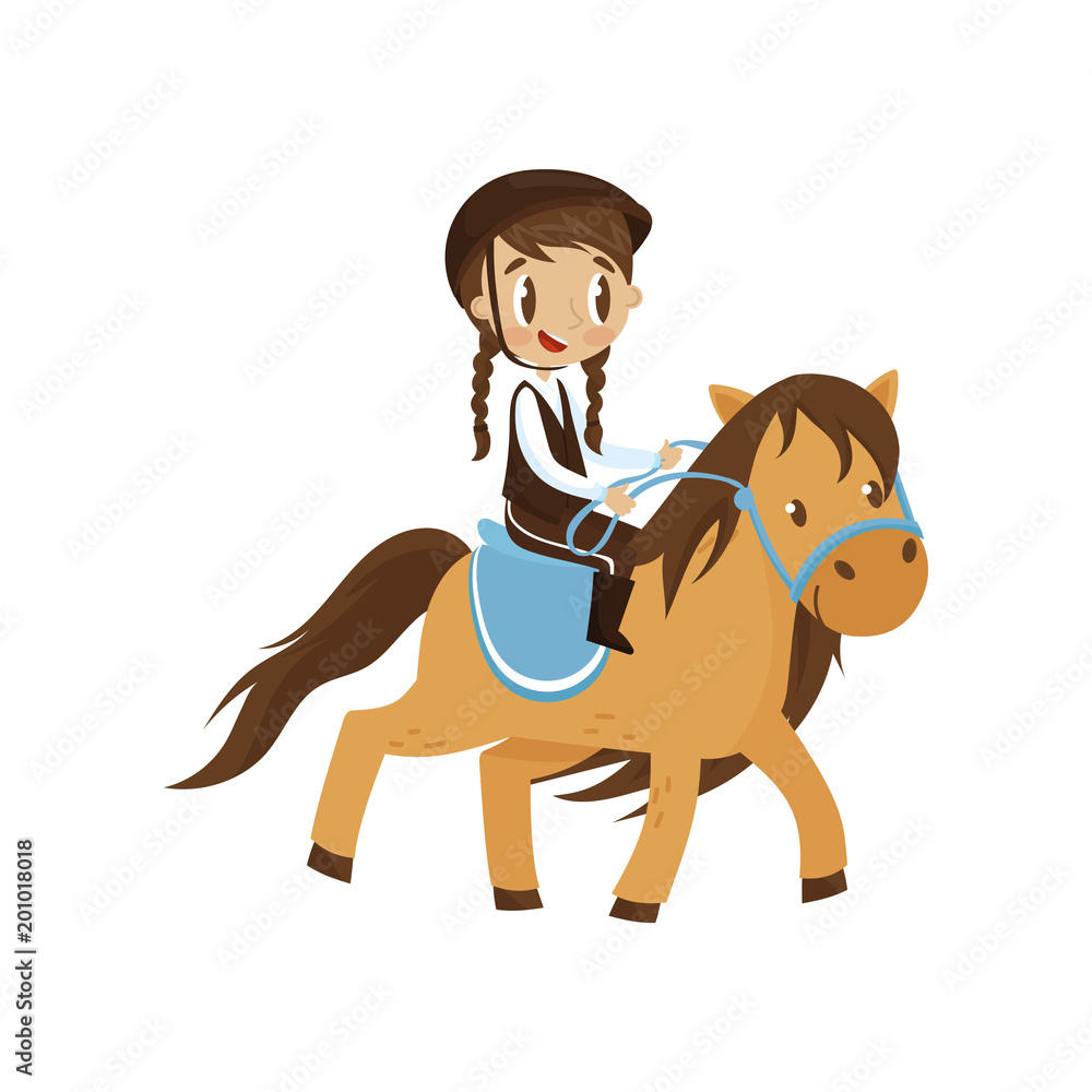 Cute litlle girl riding a horse, equestrian sport concept cartoon ...