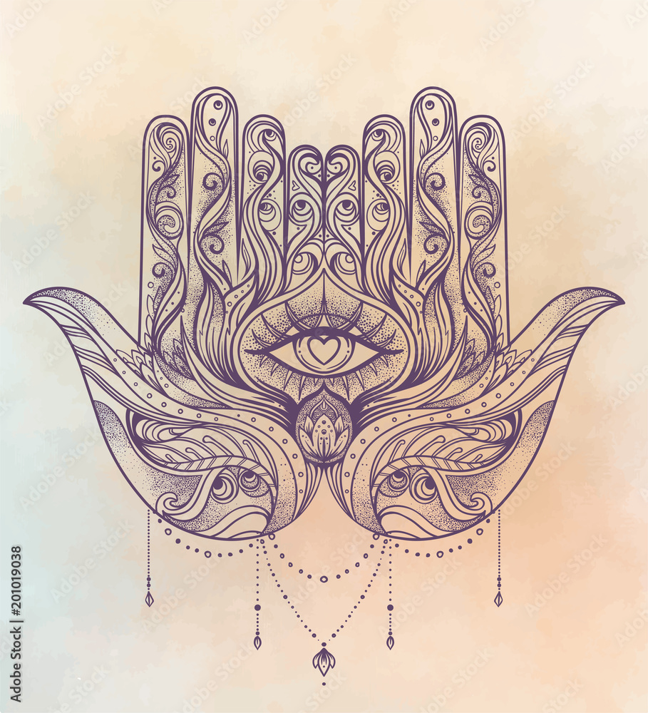 Ornate hand drawn hamsa. Popular Arabic and Jewish amulet. Vector ...