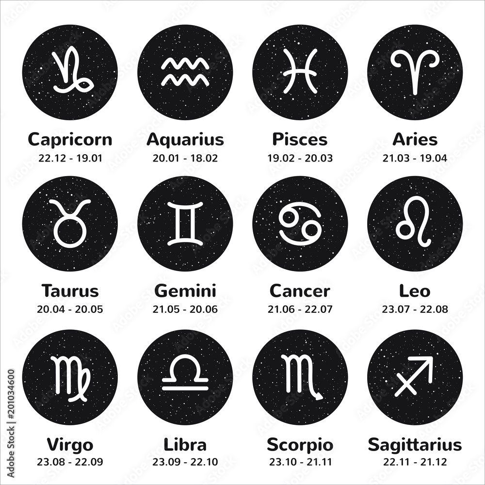 Set of simple stroke zodiac signs with names and dates. Night sky with ...