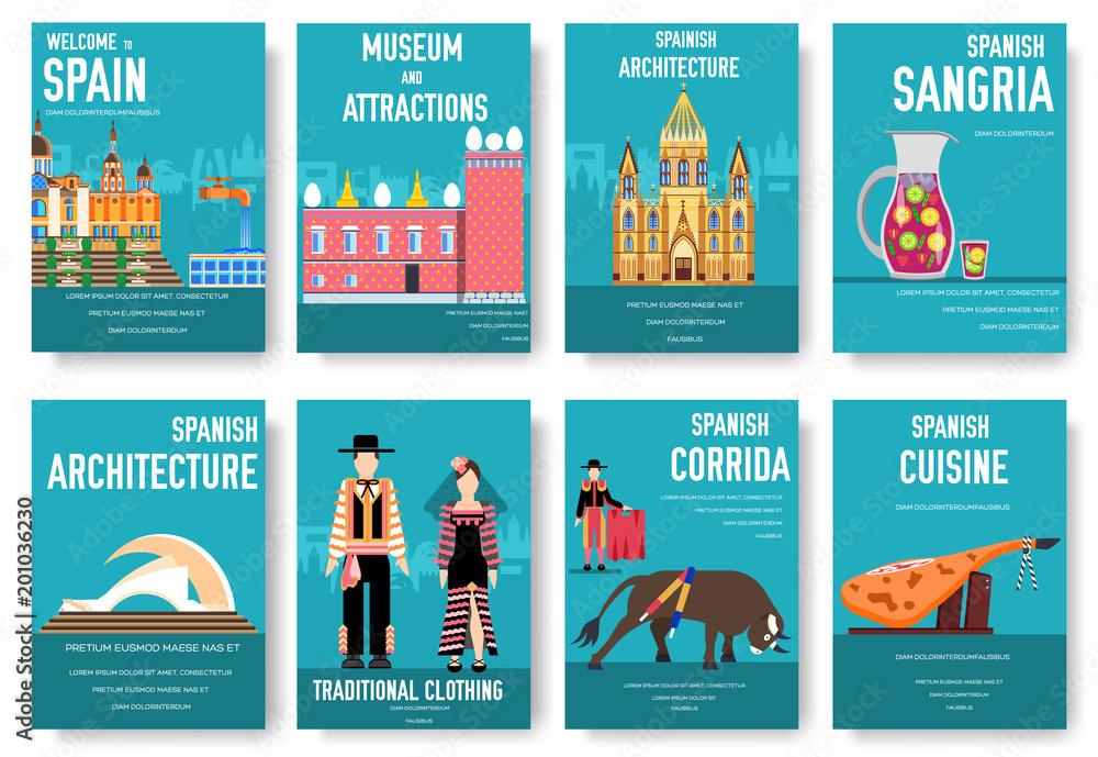 Spain vector brochure cards set. Country template of flyear, magazines ...