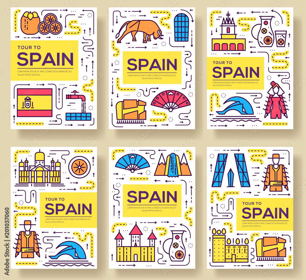 Spain vector brochure cards thin line set. Country travel template of ...