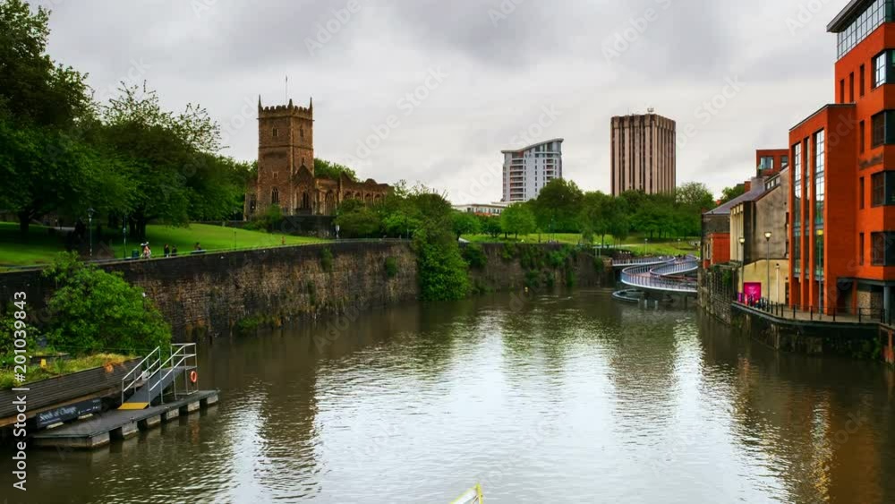 Bristol, UK. View of Castle park and St Peter church during the cloudy ...