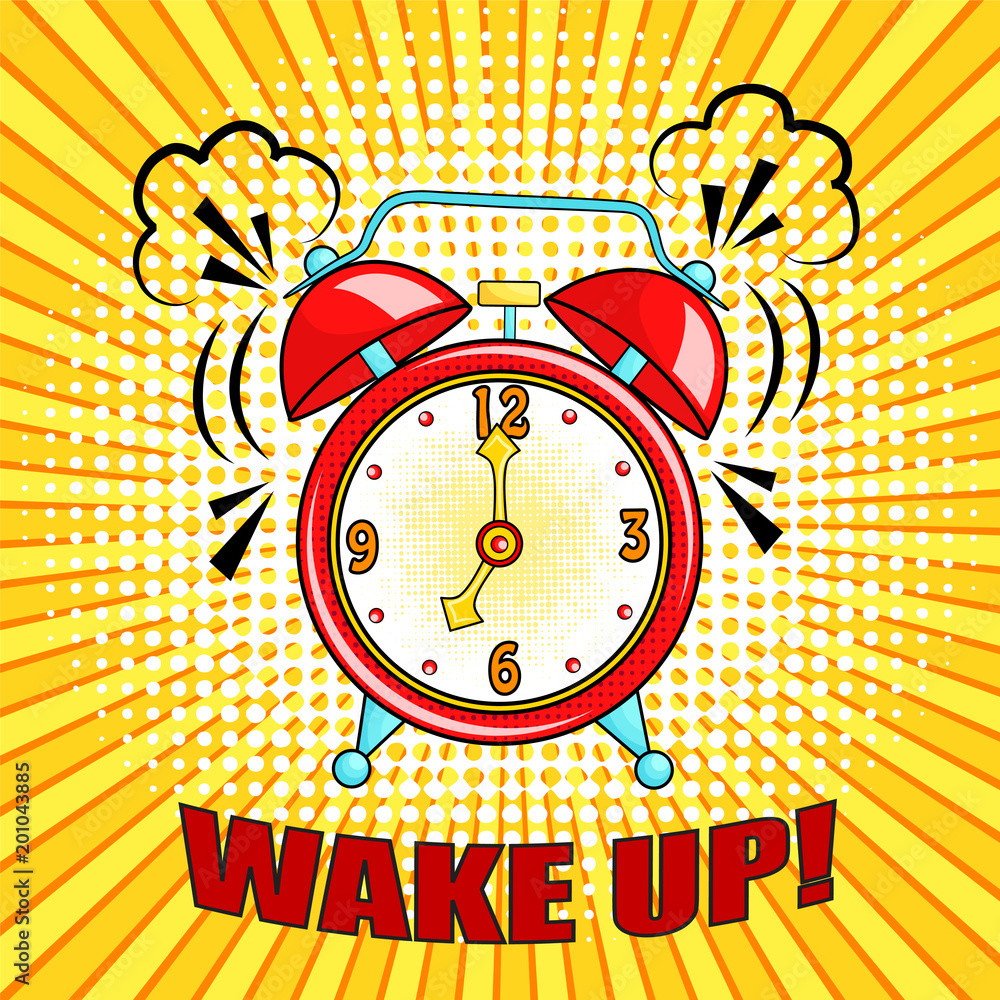 Comic alarm clock ringing and expression with wake up text. Vector ...