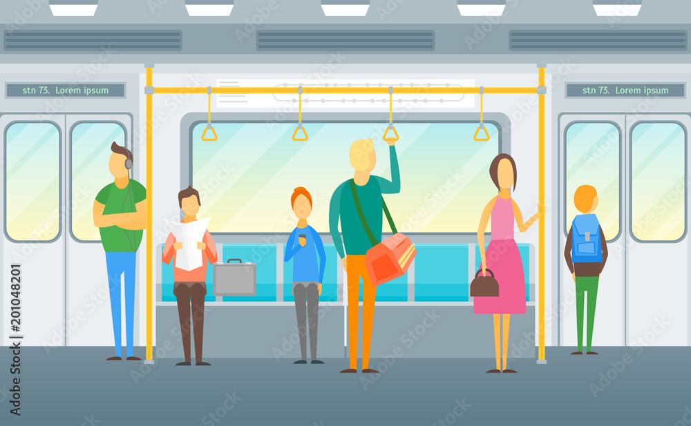 Cartoon People in Subway Train Card Poster. Vector Stock Vector | Adobe ...