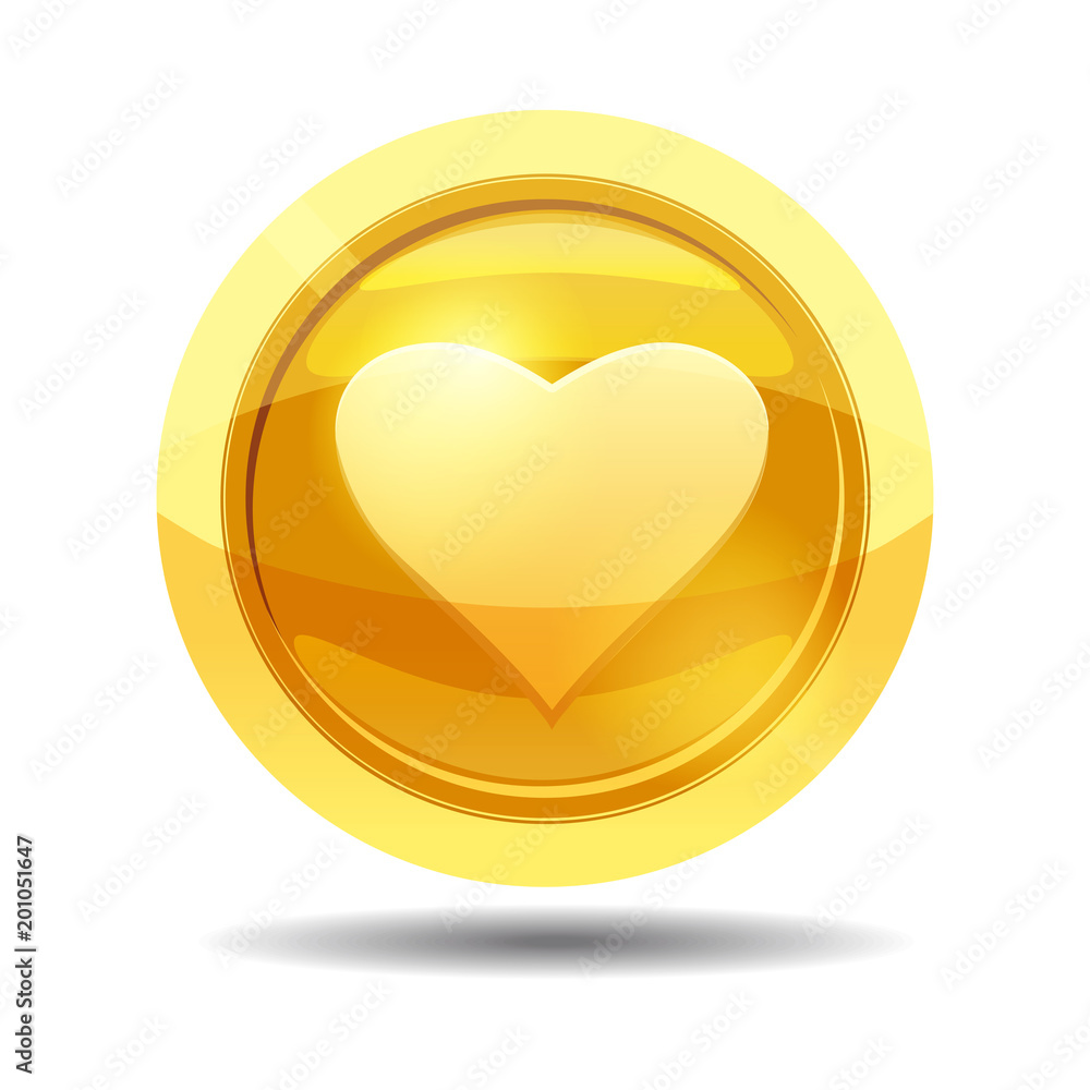 Game coin with heart, game interface, gold, vector, cartoon style ...