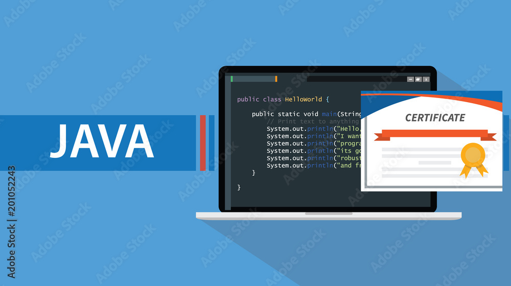 Java Programming Language Certificate With Laptop And Code Script On Screen Vector Illustration