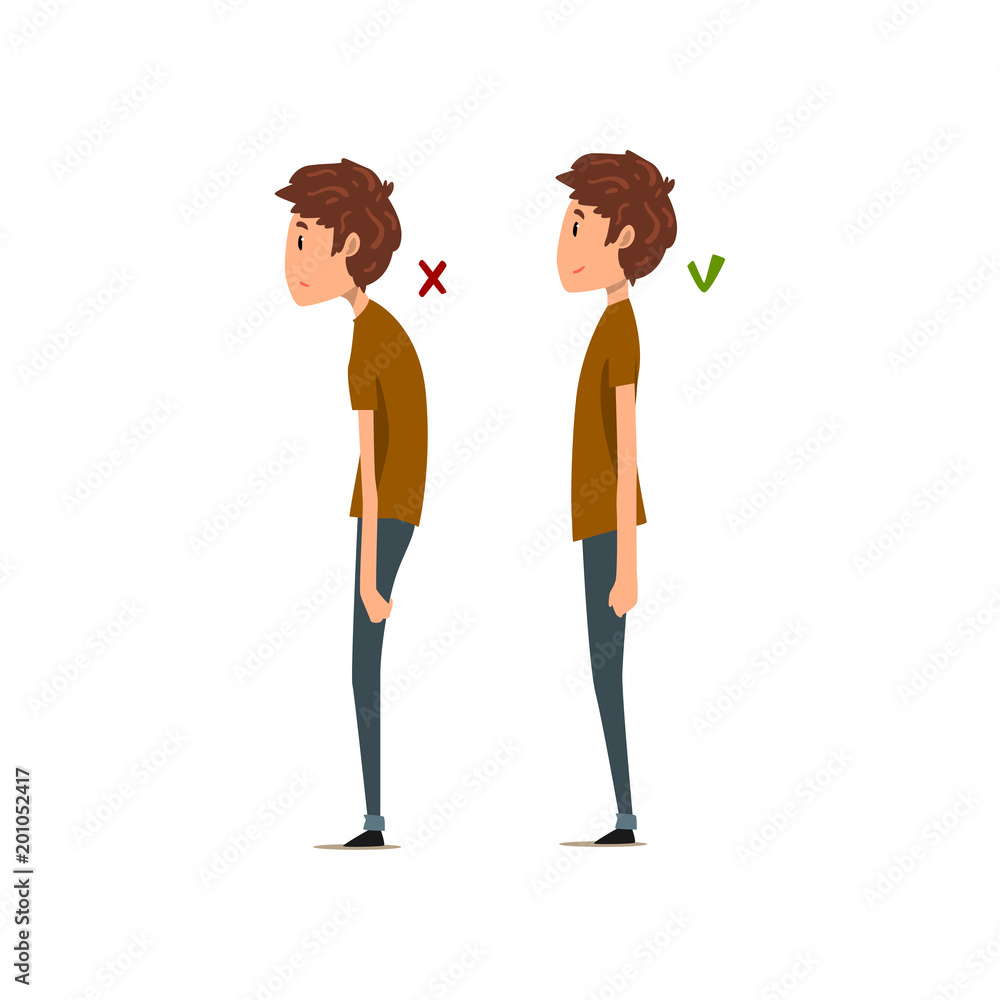 Correct and wrong posture, side view vector Illustration on a white ...