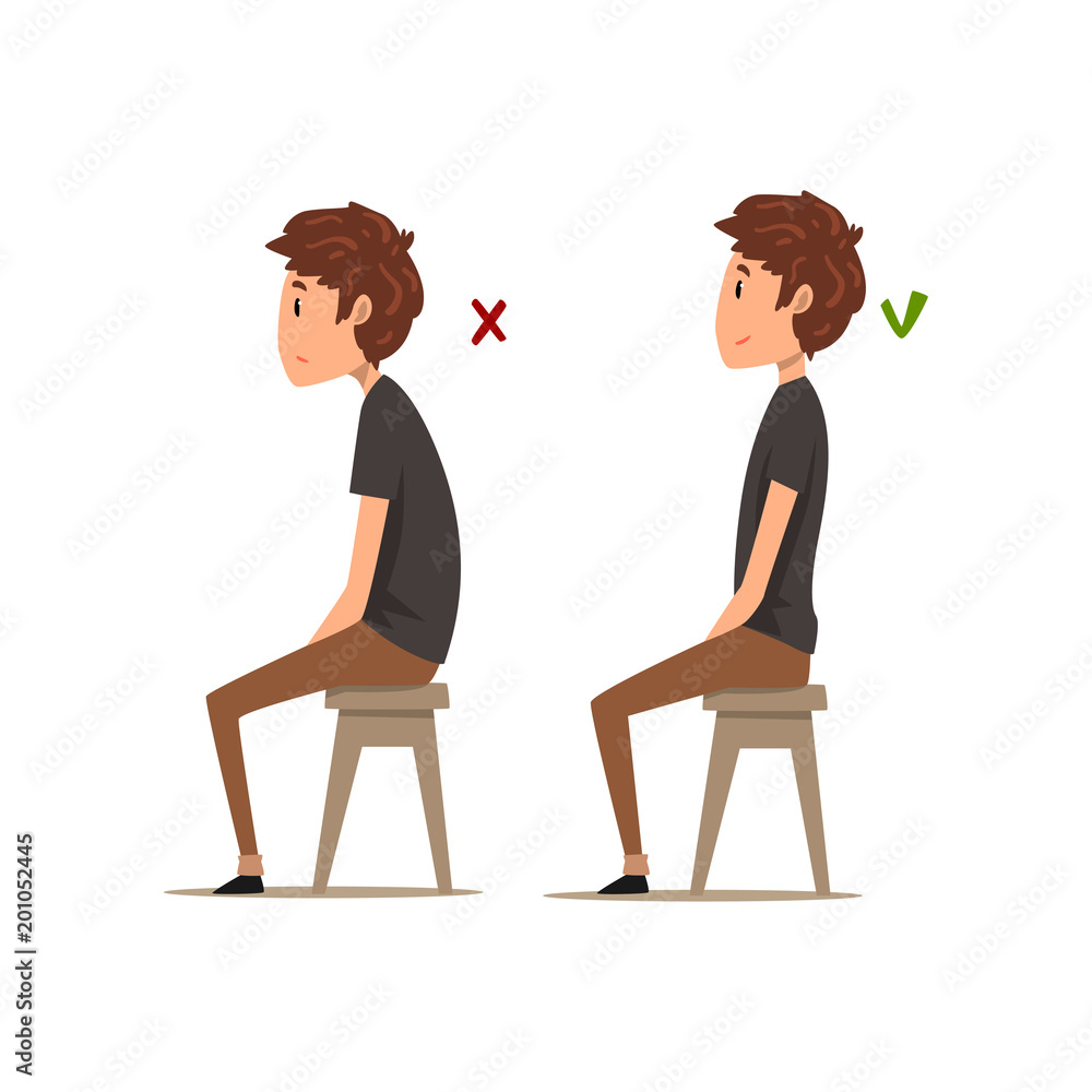 Correct and worst positions for sitting, boy sitting on the chair ...
