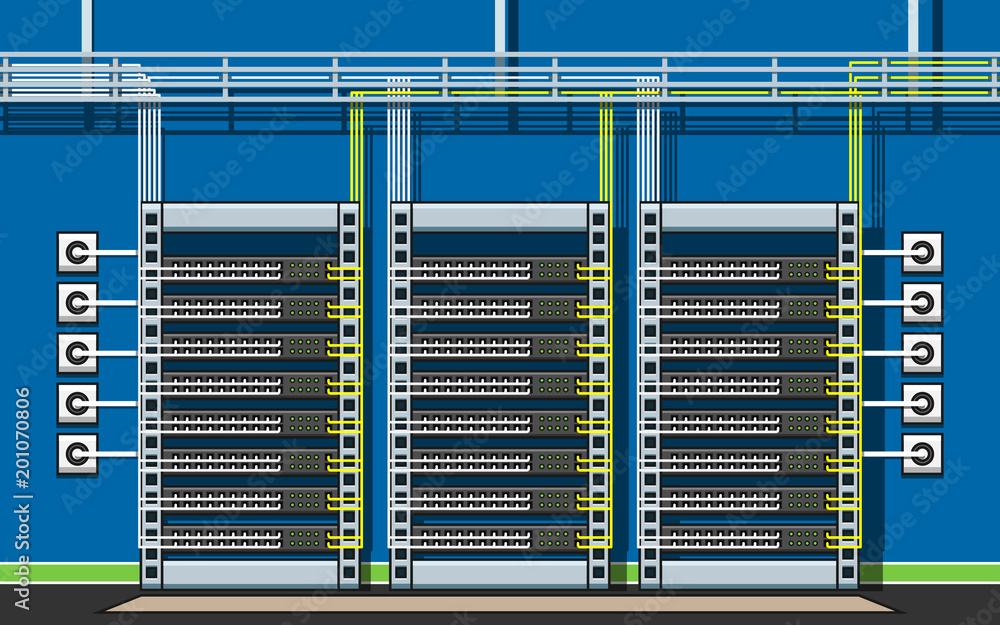 Server racks room flat line vector illustration. Datacenter icon. Stock ...
