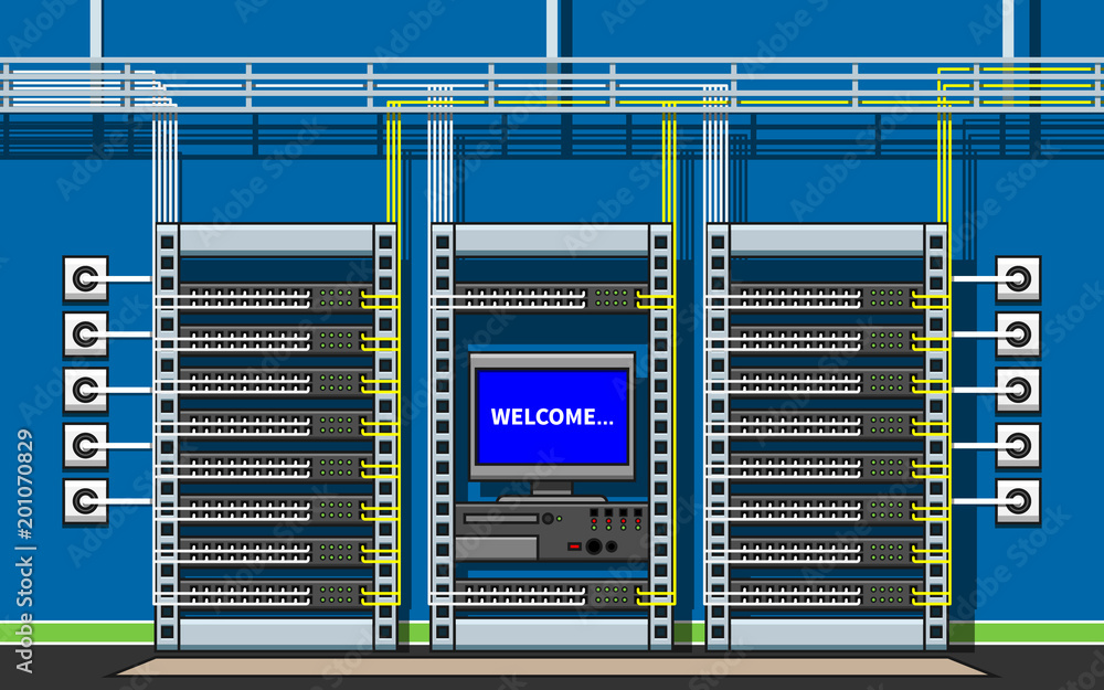 Server racks room with monitor flat line vector illustration ...