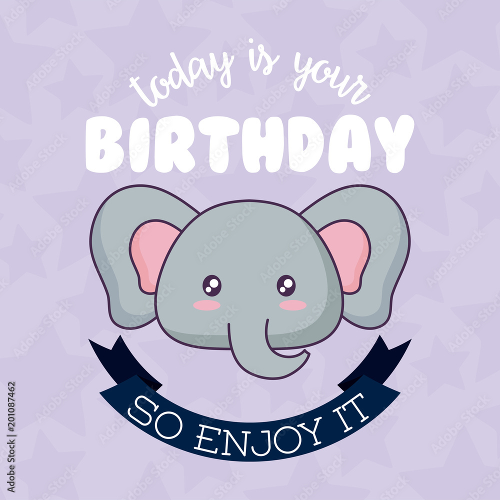 Happy birthday card with cute elephant icon and decorative ribbon over ...
