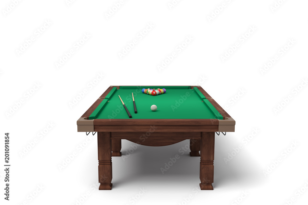 3d rendering of an isolated billiard table with a full set of sticks ...
