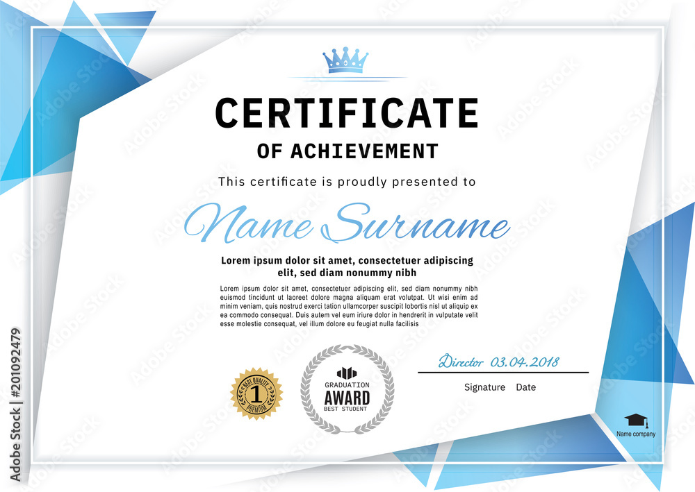 Official white certificate with blue triangle design elements, crown ...