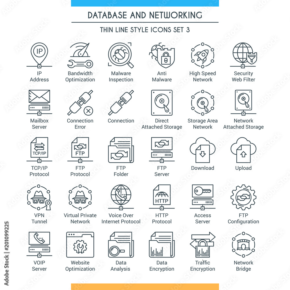 Database and networking icons set. Modern icons on theme storage ...
