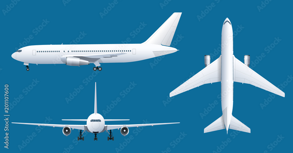 Airplane on blue background. Industrial blueprint of airplane. Airliner ...