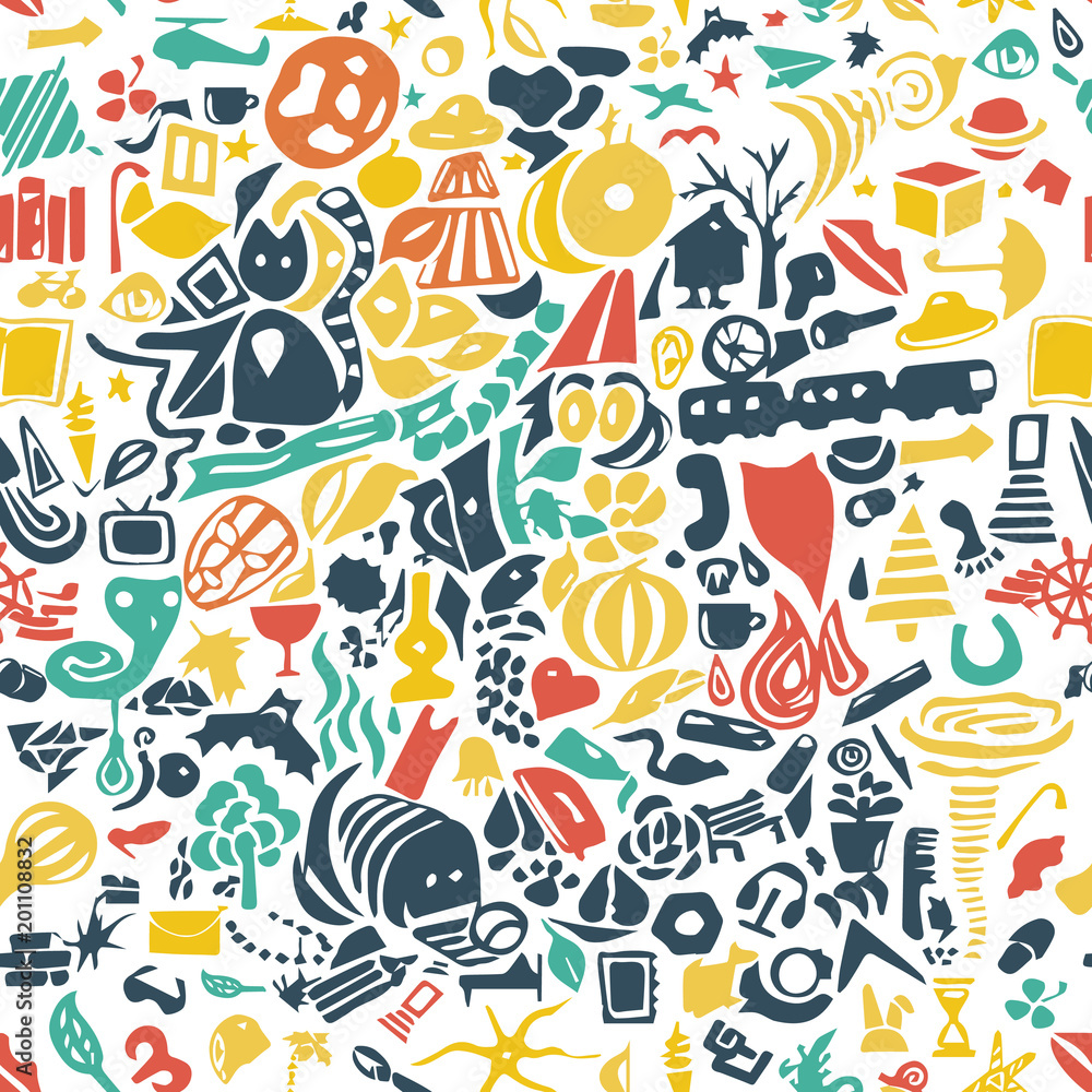 Cute unique seamless background. Hand drawn elements of daily life on ...