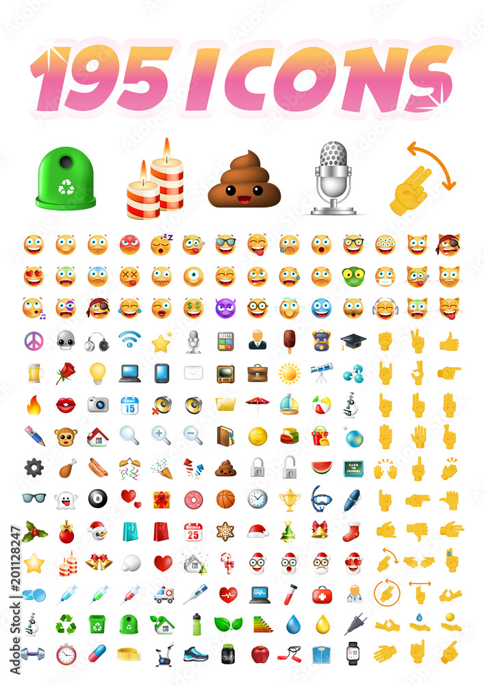 Set of 195 Realistic Cute Icons on Transparent Background . Isolated ...